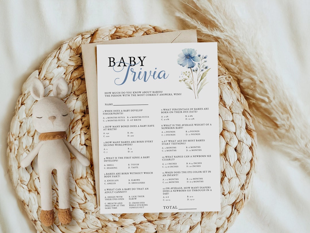 Dusty Blue Floral Baby Trivia Game, Editable & Printable, Fun Baby ...