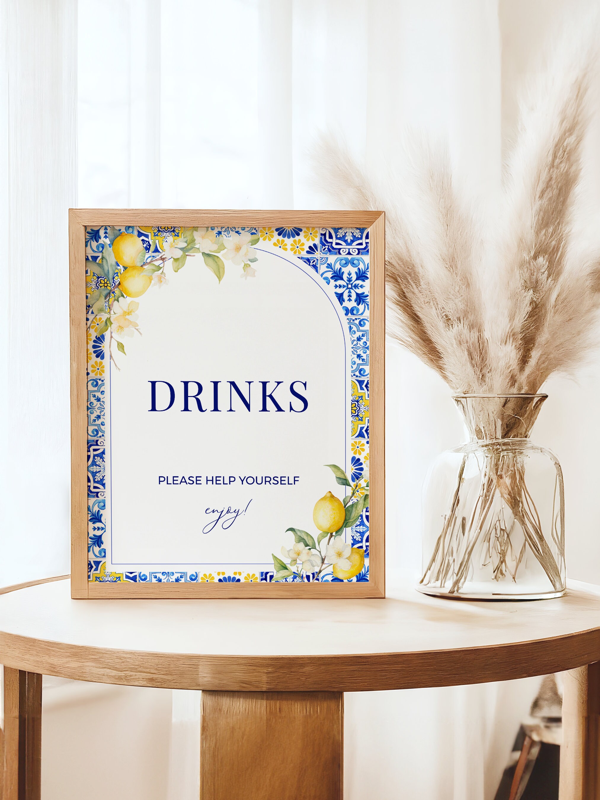 Lemon Mediterranean Drinks Sign - Blue + Yellow Azulejo Tile, Italian ...