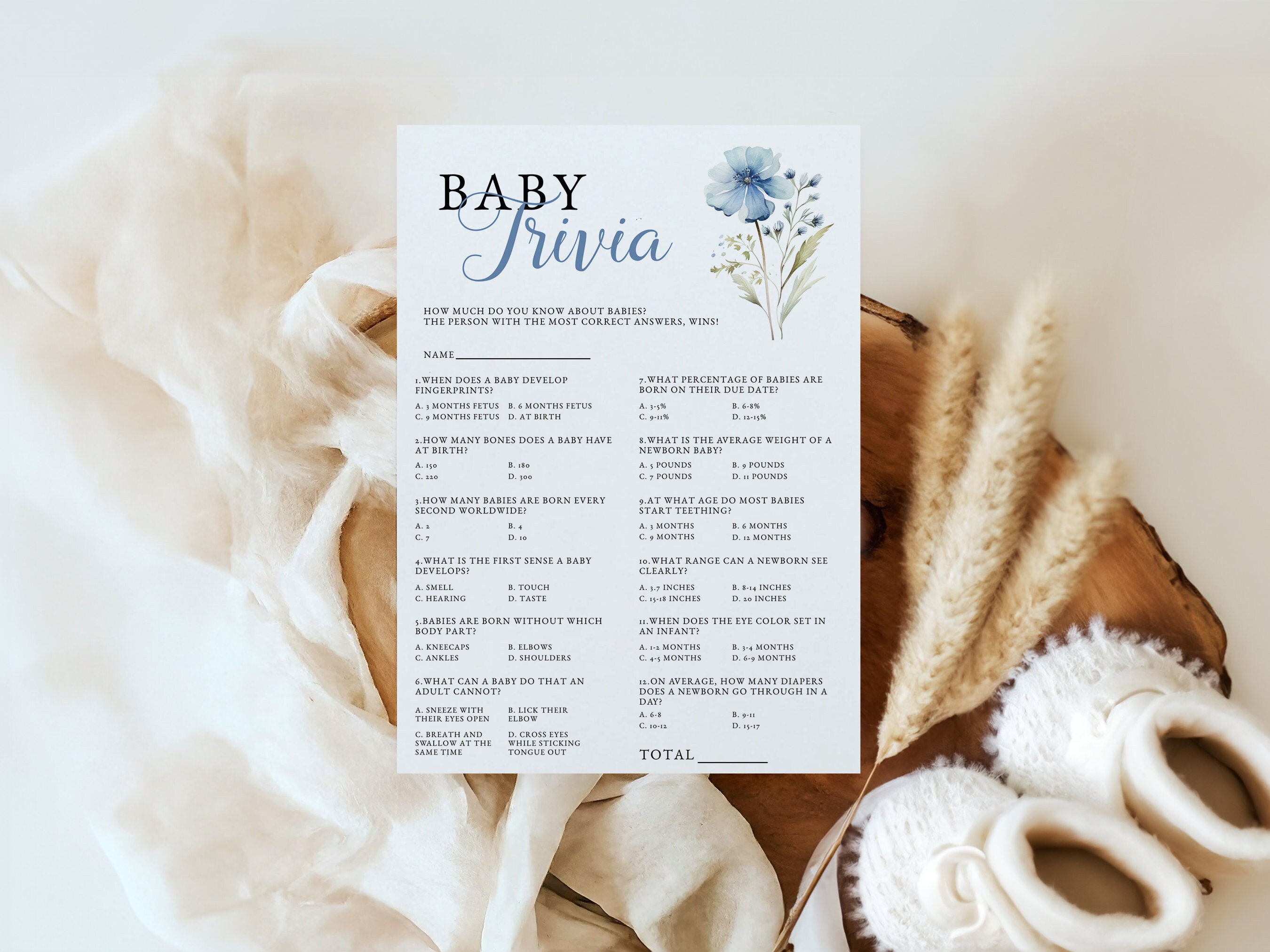 Dusty Blue Floral Baby Trivia Game, Editable & Printable, Fun Baby ...
