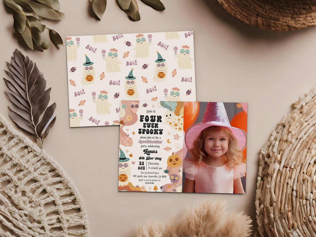 Four Ever Spooky 4th Birthday Invitation With Photo - Halloween Retro ...