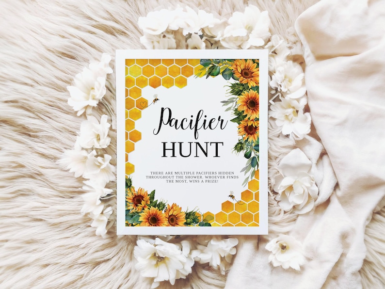 Pacifier Hunt Baby Shower Game Sign - Editable Sunflower & Bee Theme ...
