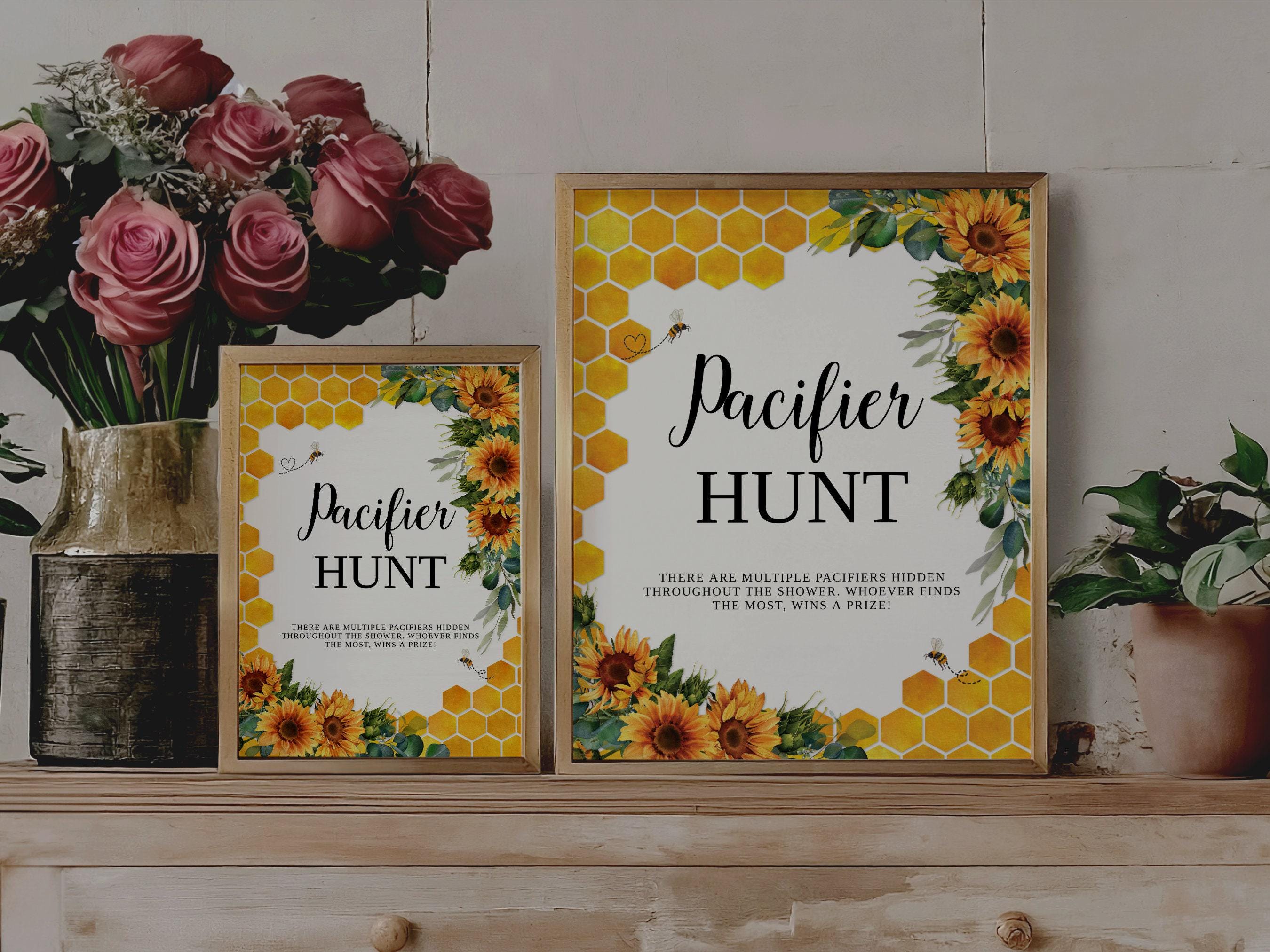 Pacifier Hunt Baby Shower Game Sign - Editable Sunflower & Bee Theme ...