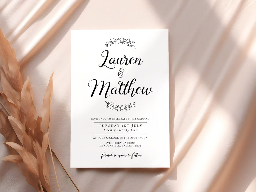 Printable Wedding Invitation Template - Minimalist Design With Cursive ...