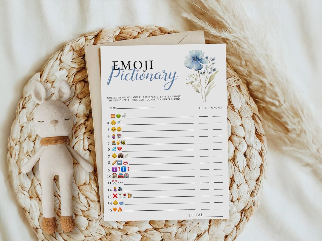 Baby Shower Emoji Pictionary Game, Dusty Blue Floral Editable Template ...