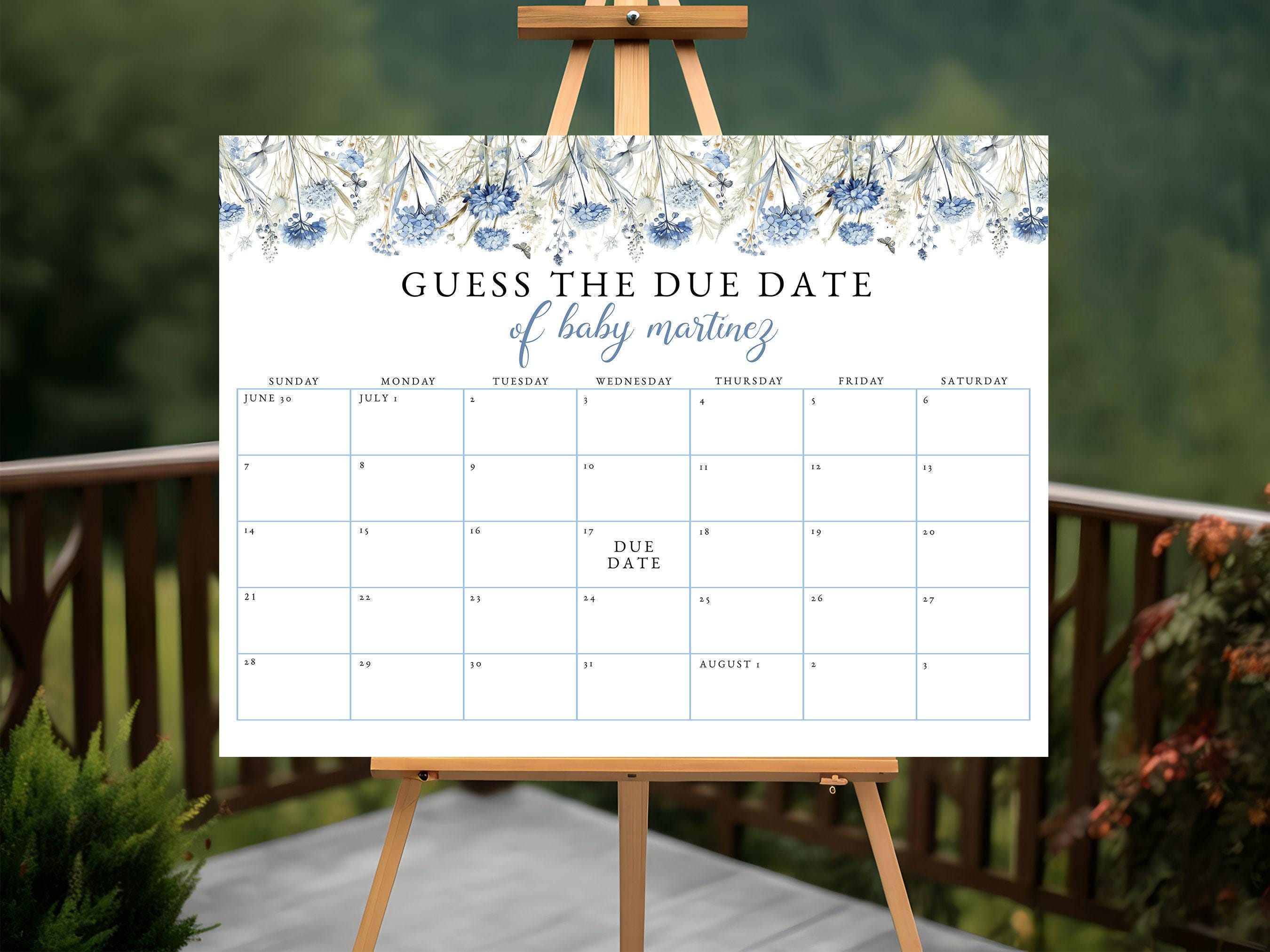 Editable Dusty Blue Guess the Due Date Game Sign - Baby Shower ...