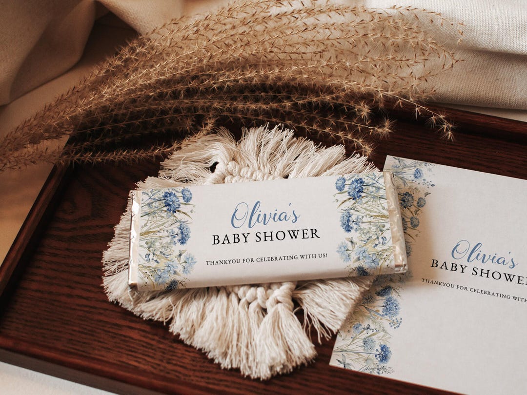 Dusty Blue Floral 'baby in Bloom' Shower Candy Bar Wrapper - Editable ...