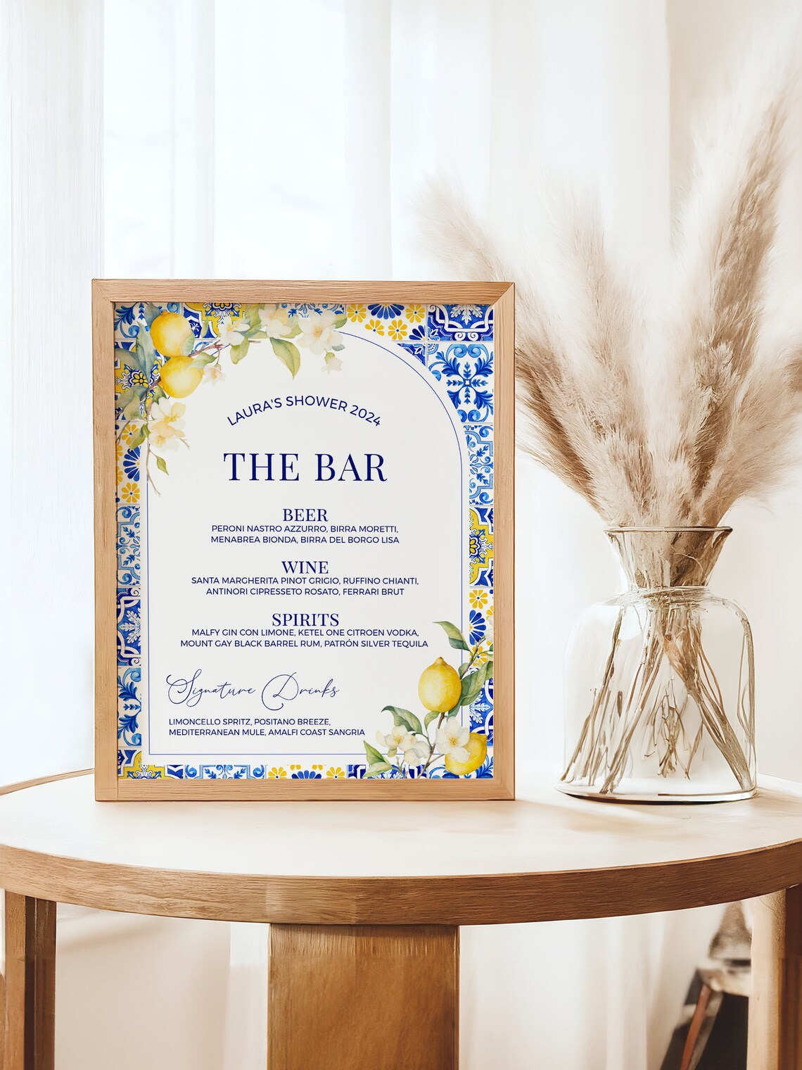 Lemon Mediterranean Bar Menu Sign Blue Yellow Tile, Italian Baby Bridal ...