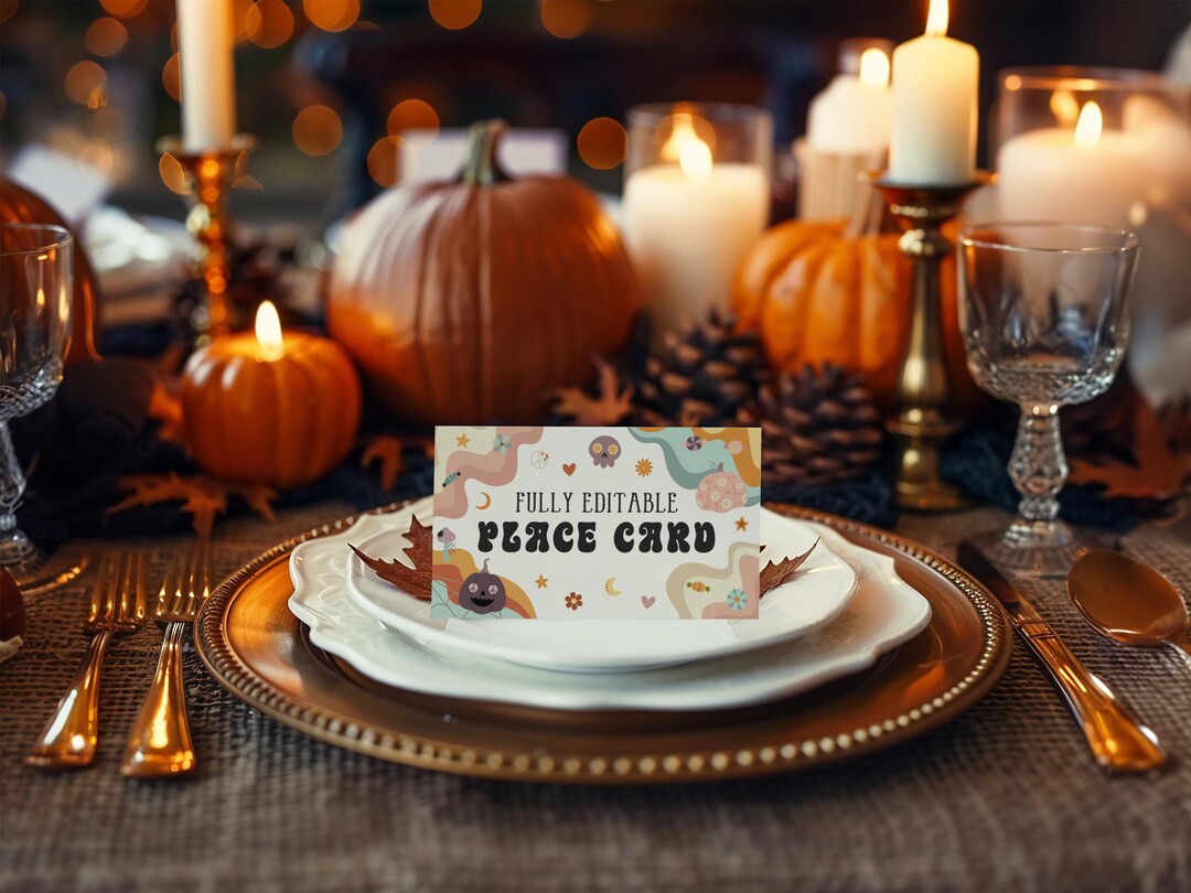 Editable Retro Halloween Place Card - Spooky 70s Fall Party Decor ...