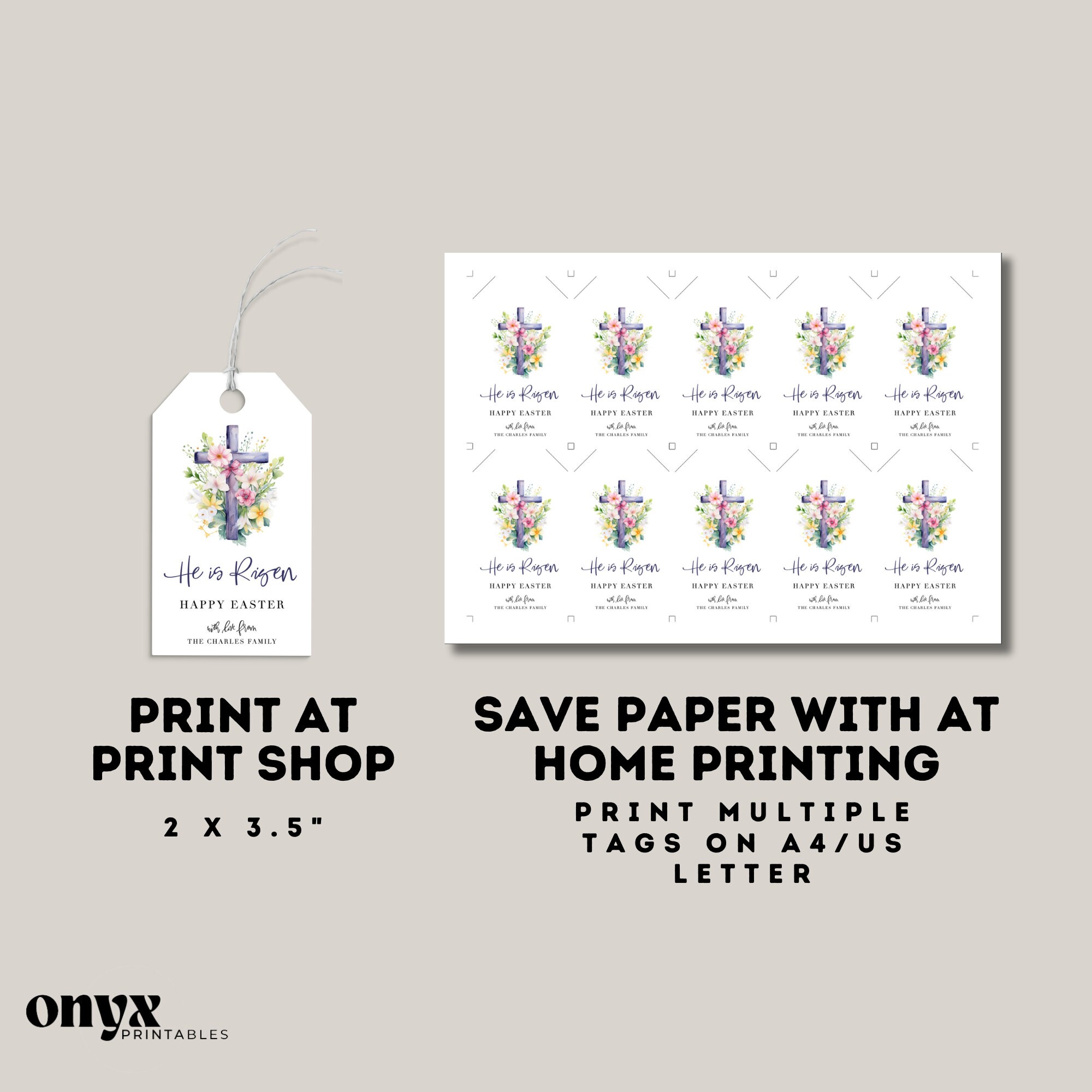 He is Risen Easter Favor Tags Floral Christian Cross Design, Religious ...