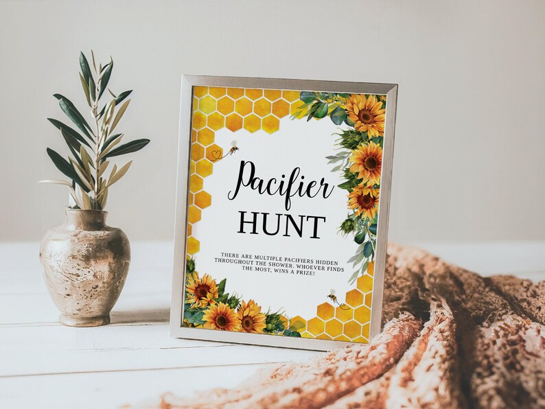 Pacifier Hunt Baby Shower Game Sign - Editable Sunflower & Bee Theme ...