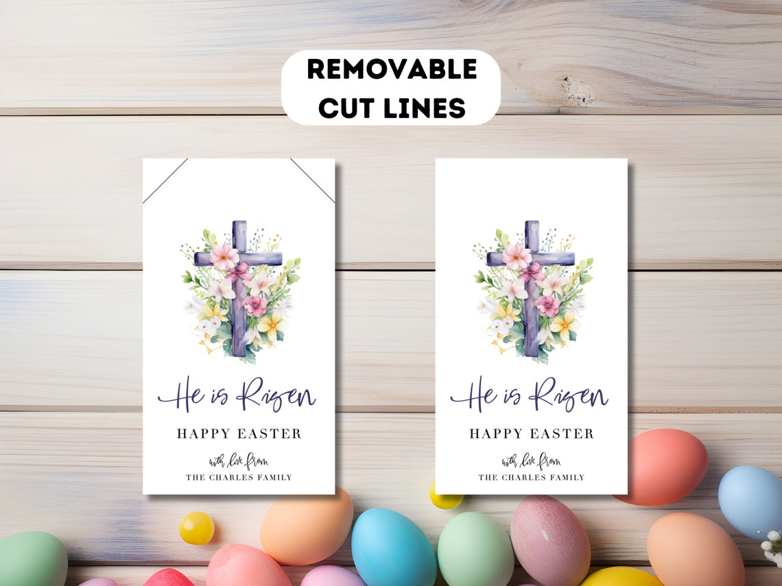 He is Risen Easter Favor Tags Floral Christian Cross Design, Religious ...
