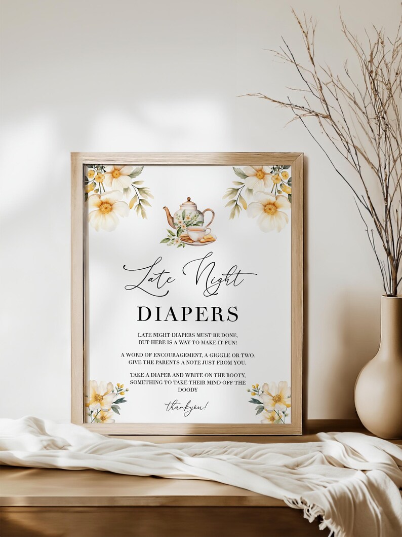 Tea Party Late Night Diapers Game Sign - White Floral High Tea Baby ...