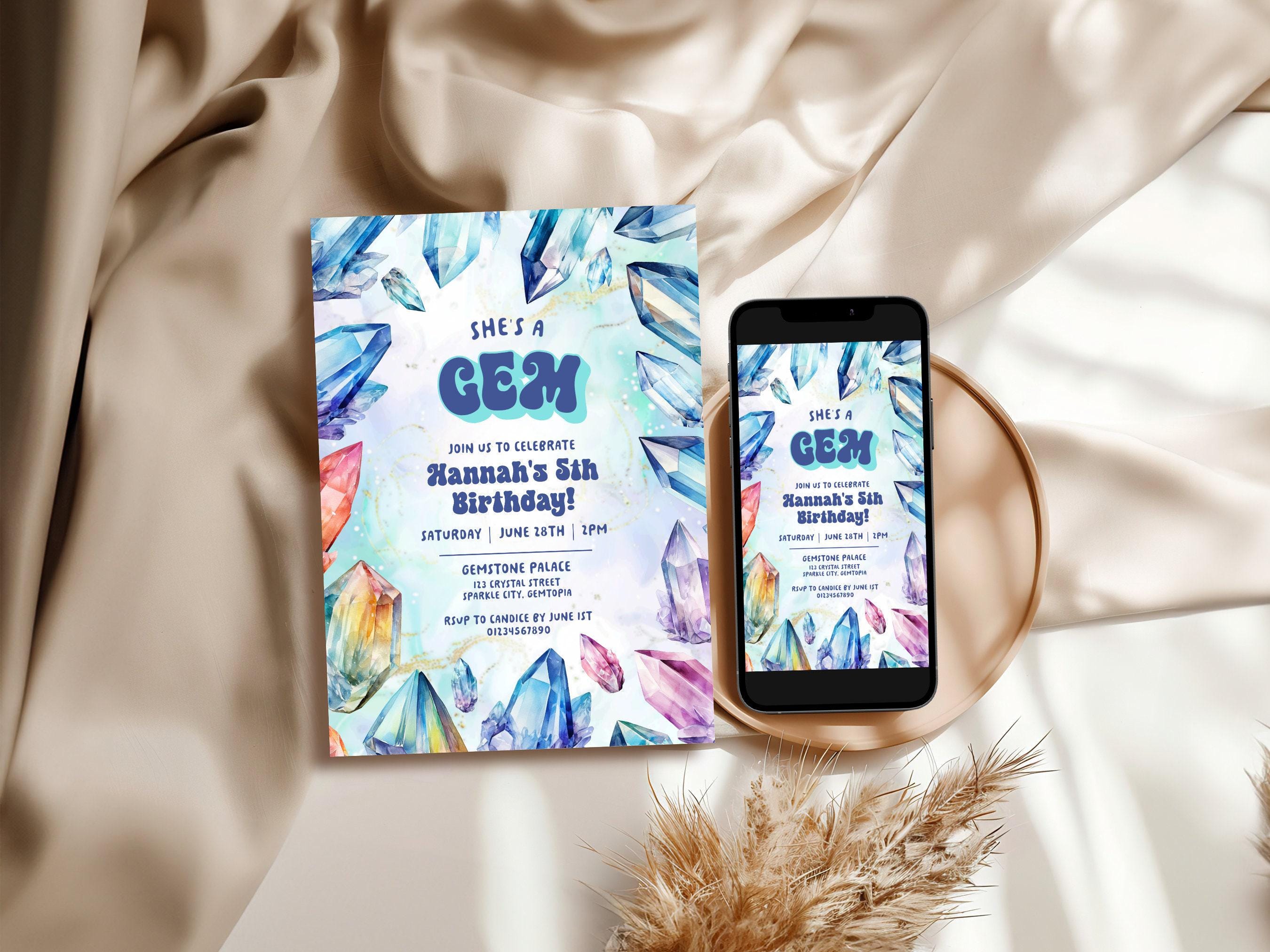 Crystal Gemstone Birthday Invitation - 'she's a Gem' Purple Blue Retro ...