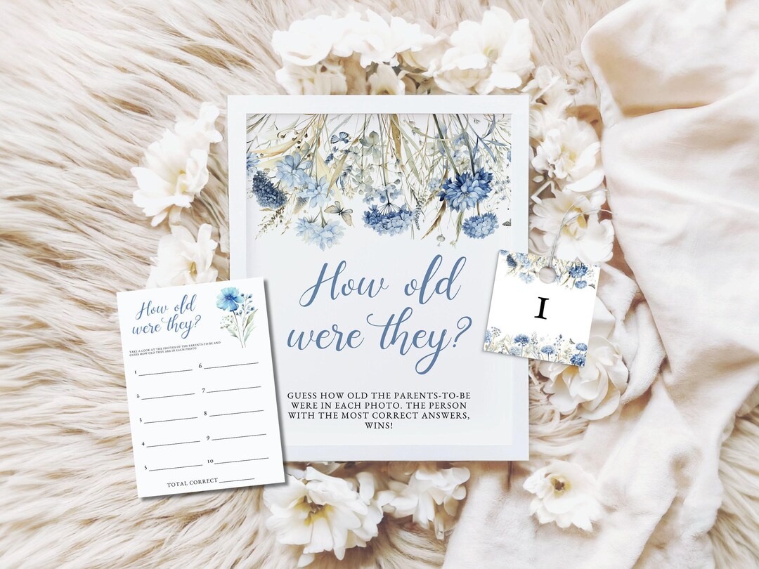 How Old Were They? Game - Dusty Blue Floral Baby Shower Sign With ...