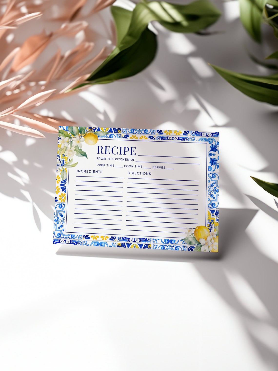 Lemon Mediterranean Bridal Shower Recipe Card Template - Blue & Yellow ...