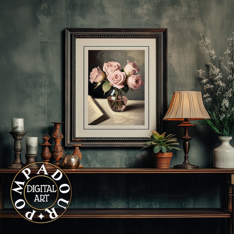 Vintage Blush Roses and a Book Wall Art Pink Flowers Printable Oil ...