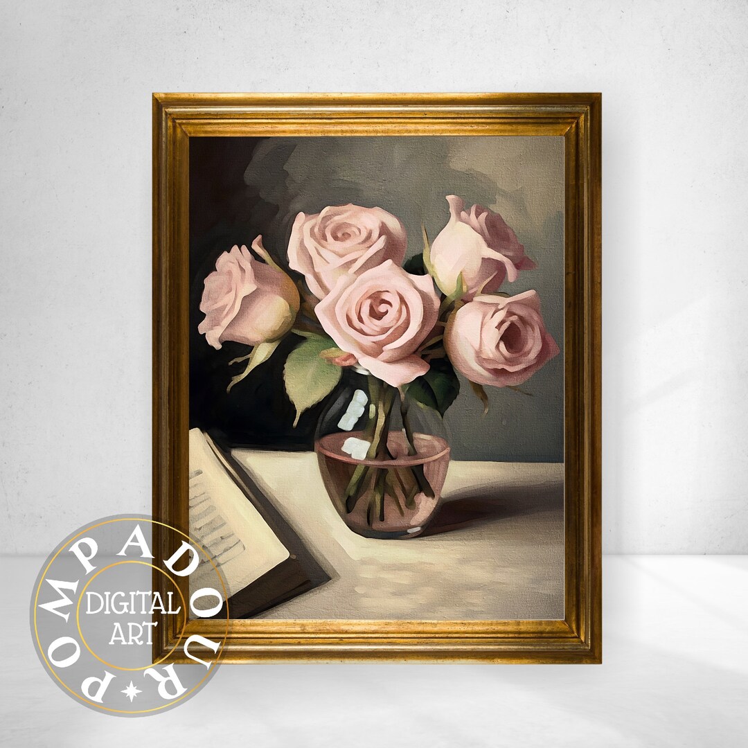 Vintage Blush Roses and a Book Wall Art Pink Flowers Printable Oil ...