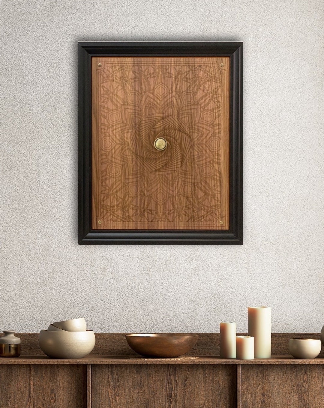 Mandala Wall Art in Frame, Wax Oiled Walnut , Beautiful Brass Details ...