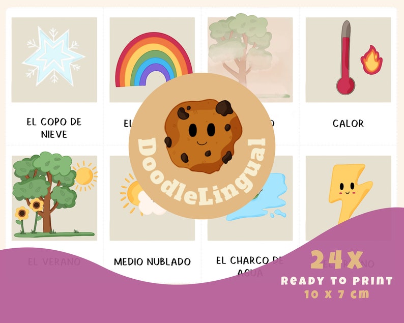 Educational Flashcards in SPANISH Language 24 WEATHER Flashcards for ...