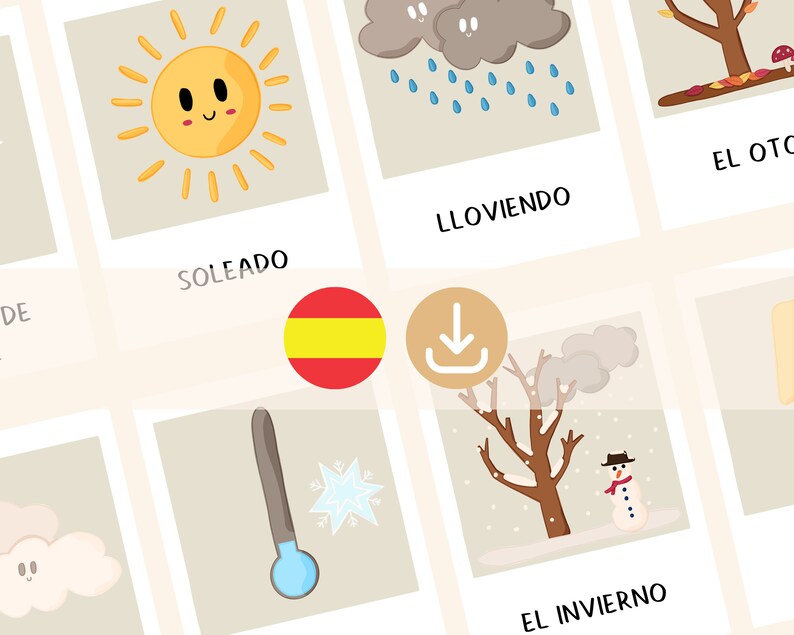 Educational Flashcards in SPANISH Language 24 WEATHER Flashcards for ...