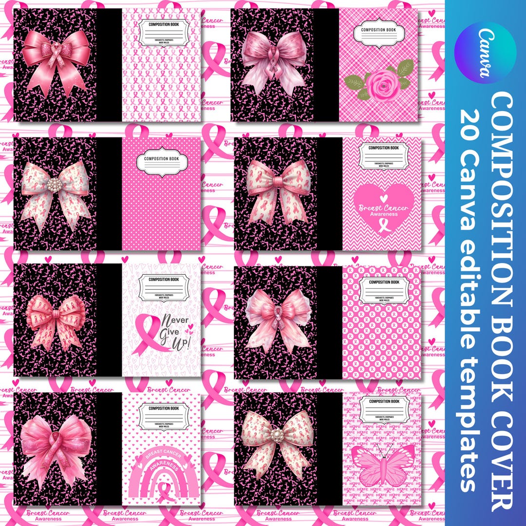Breast Cancer Awareness Notebook Covers: Pink Ribbon Canva Templates ...