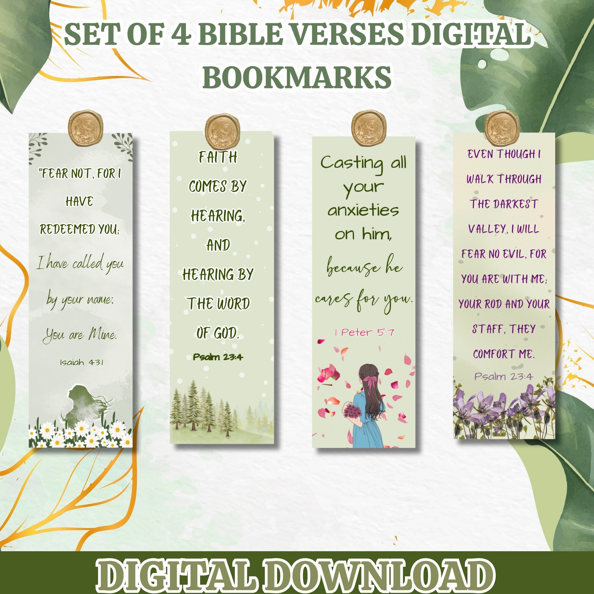 Set of 4 Printable Bible Verse Bookmarks, Digital Download Christian ...