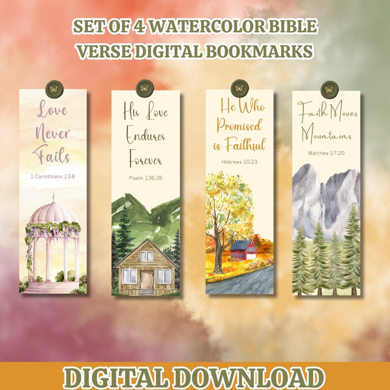 Set of 4 Christian Watercolor Bookmarks, Printable Bible Verses ...