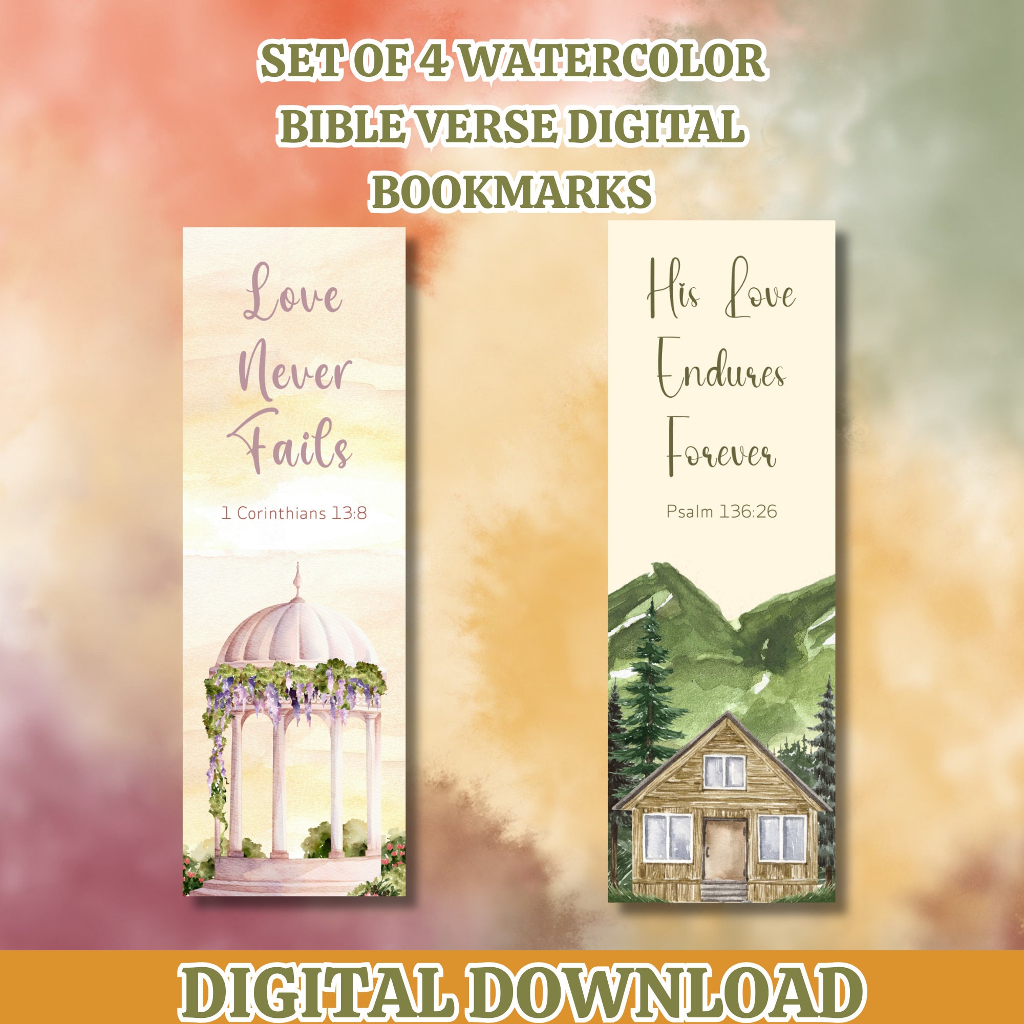 Set of 4 Christian Watercolor Bookmarks, Printable Bible Verses ...