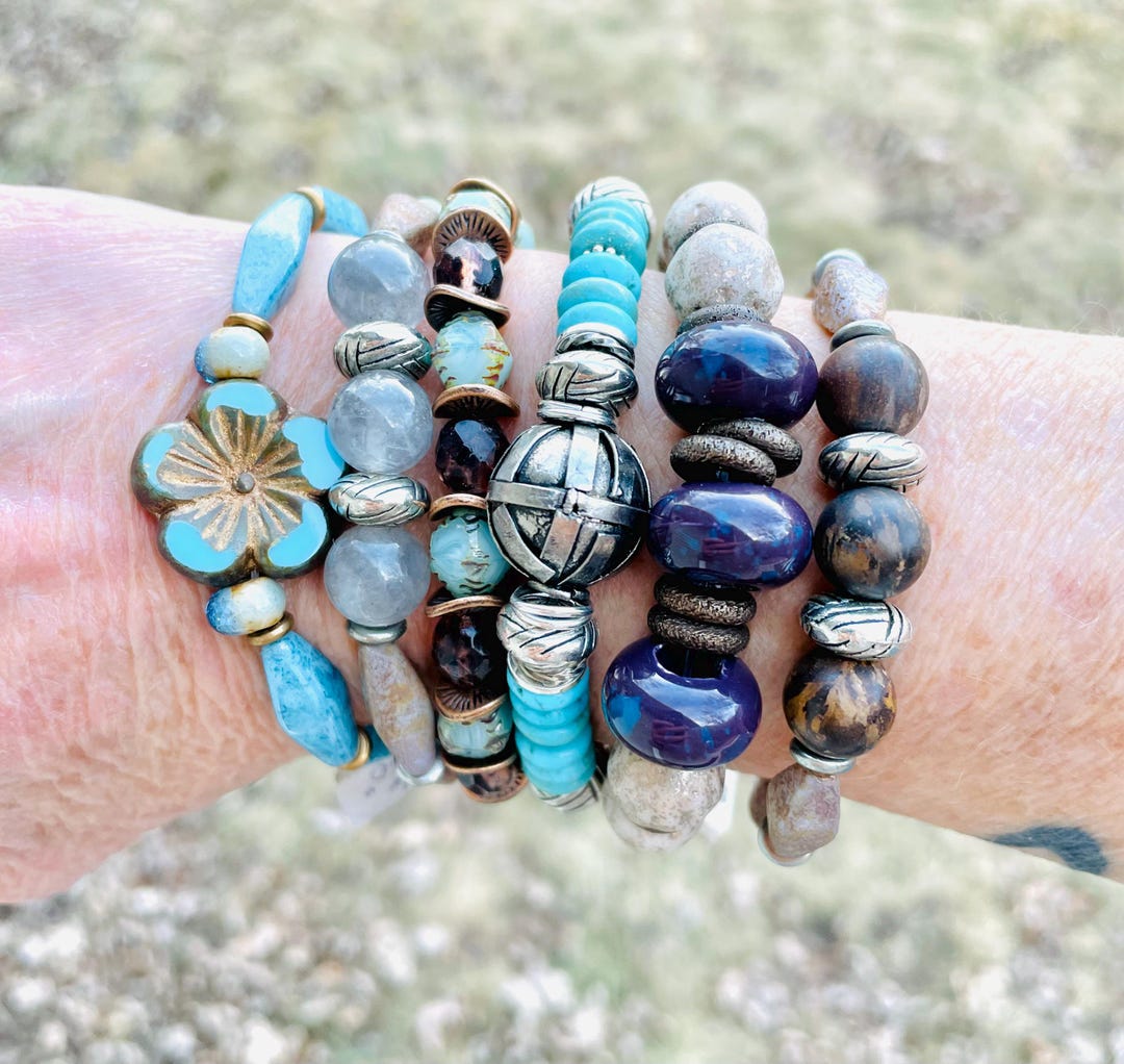 Stack of Mixed Bead Stretch Bracelets to Wear Separately or Stacked, Medium Sized, Length 7.50 ...