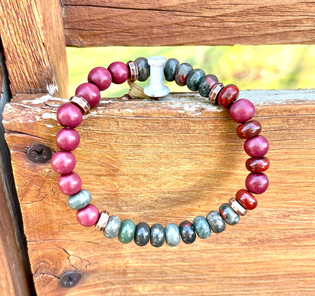 Burgundy Wood and African Bloodstone Stretch Bracelet, Copper Accents ...