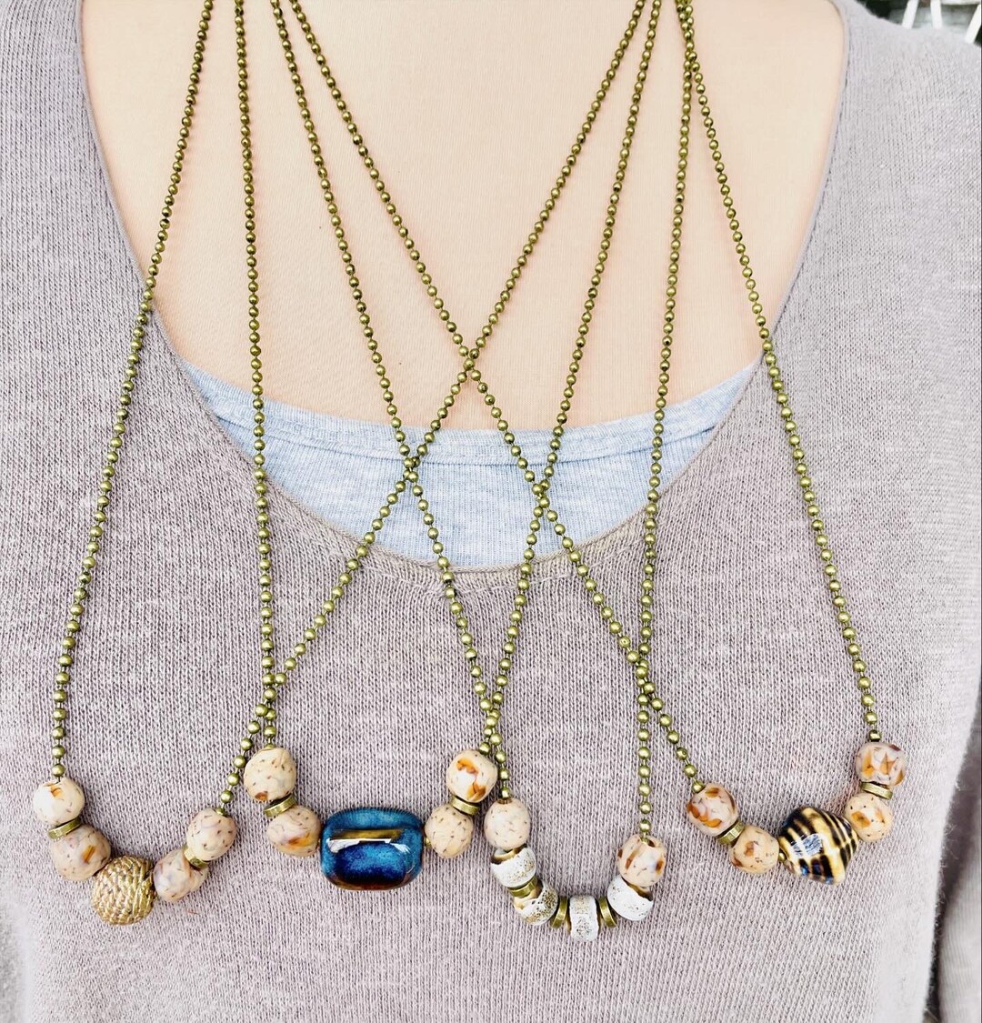 Long Bronze Ball Chain Necklace: African Recycled Glass & Porcelain ...