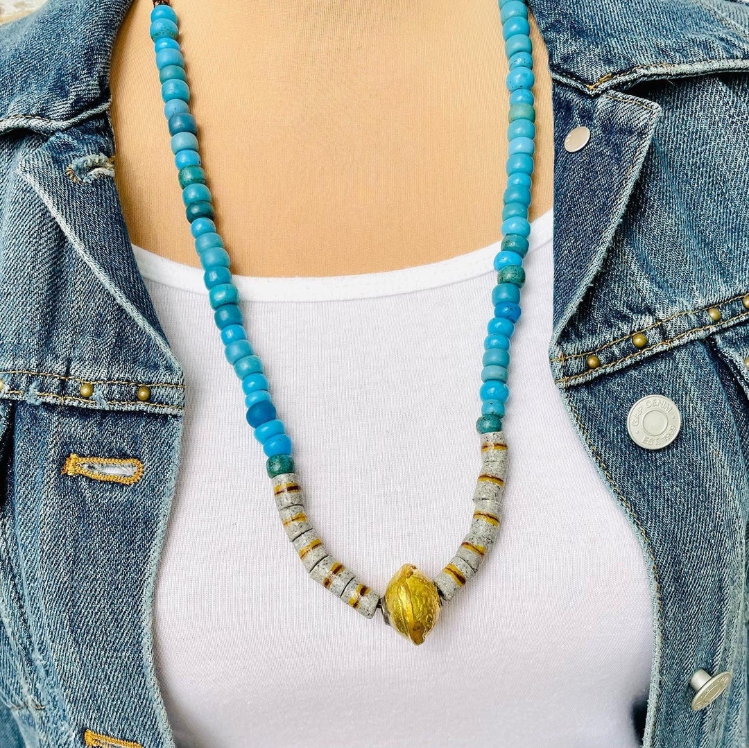 African Trade Bead Necklace, Blue Padre Bead Necklace, Tribal, Ooak ...