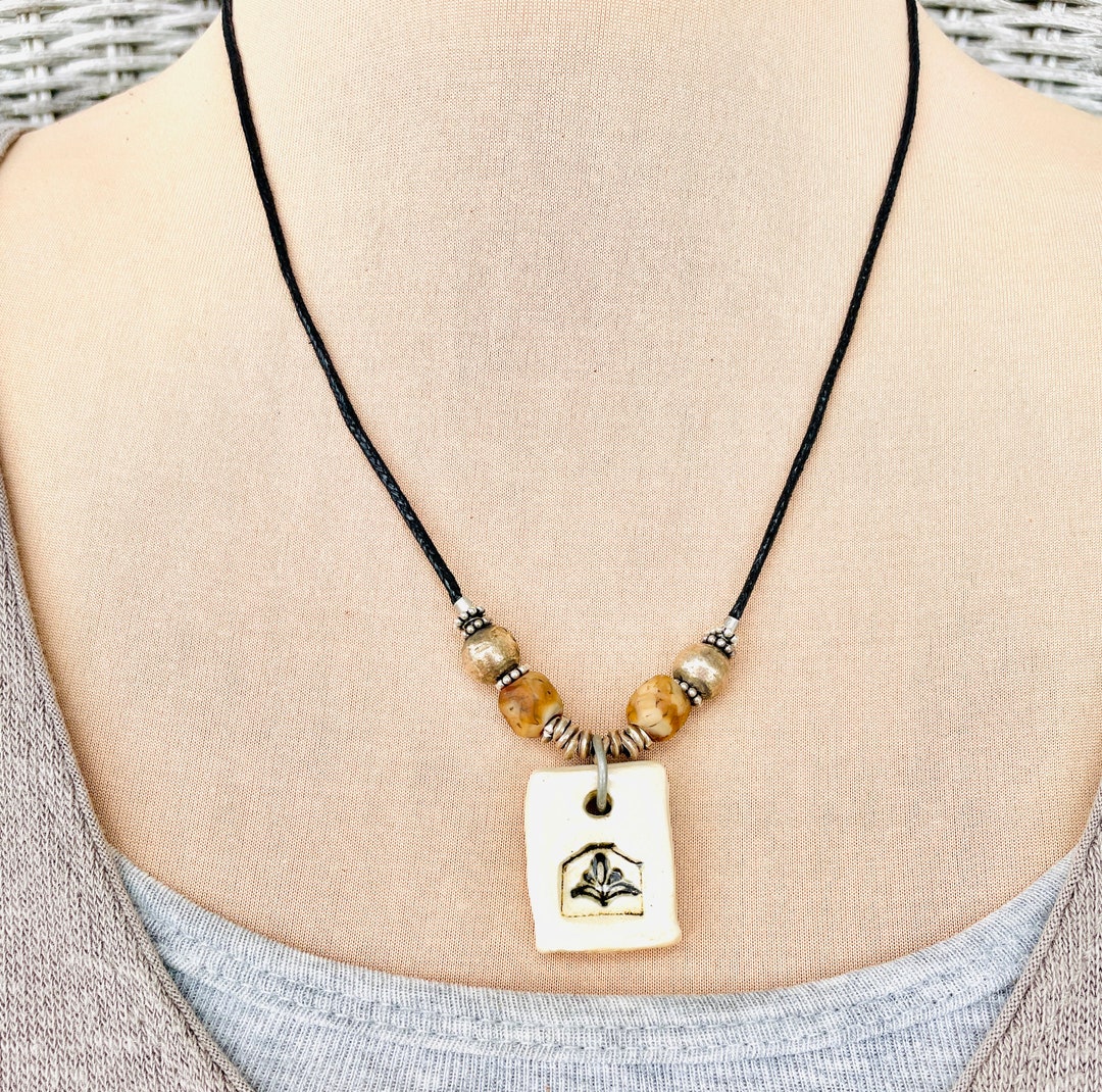 Artisan Ceramic Tile Pendant With Mixed Beads on Black Faux Leather ...