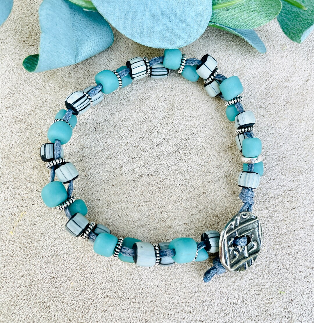 Teal Indonesian Glass Bead Bracelet: Boho Button Closure - Etsy