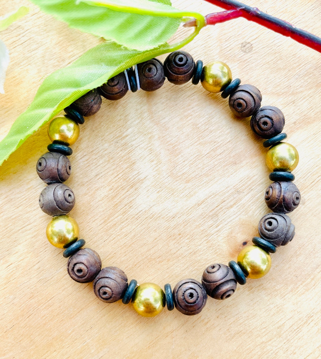 Olive Wood Bead Bracelet, Wood and Metal Bead Bracelet, Carved Wood ...