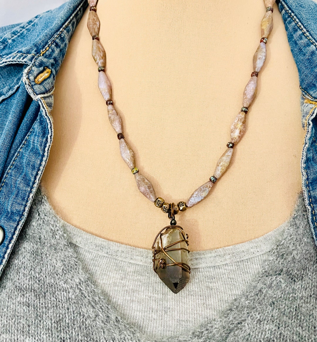 Wire Wrapped Smoky Quartz Pendant Necklace: Czech Glass & Brass - Etsy