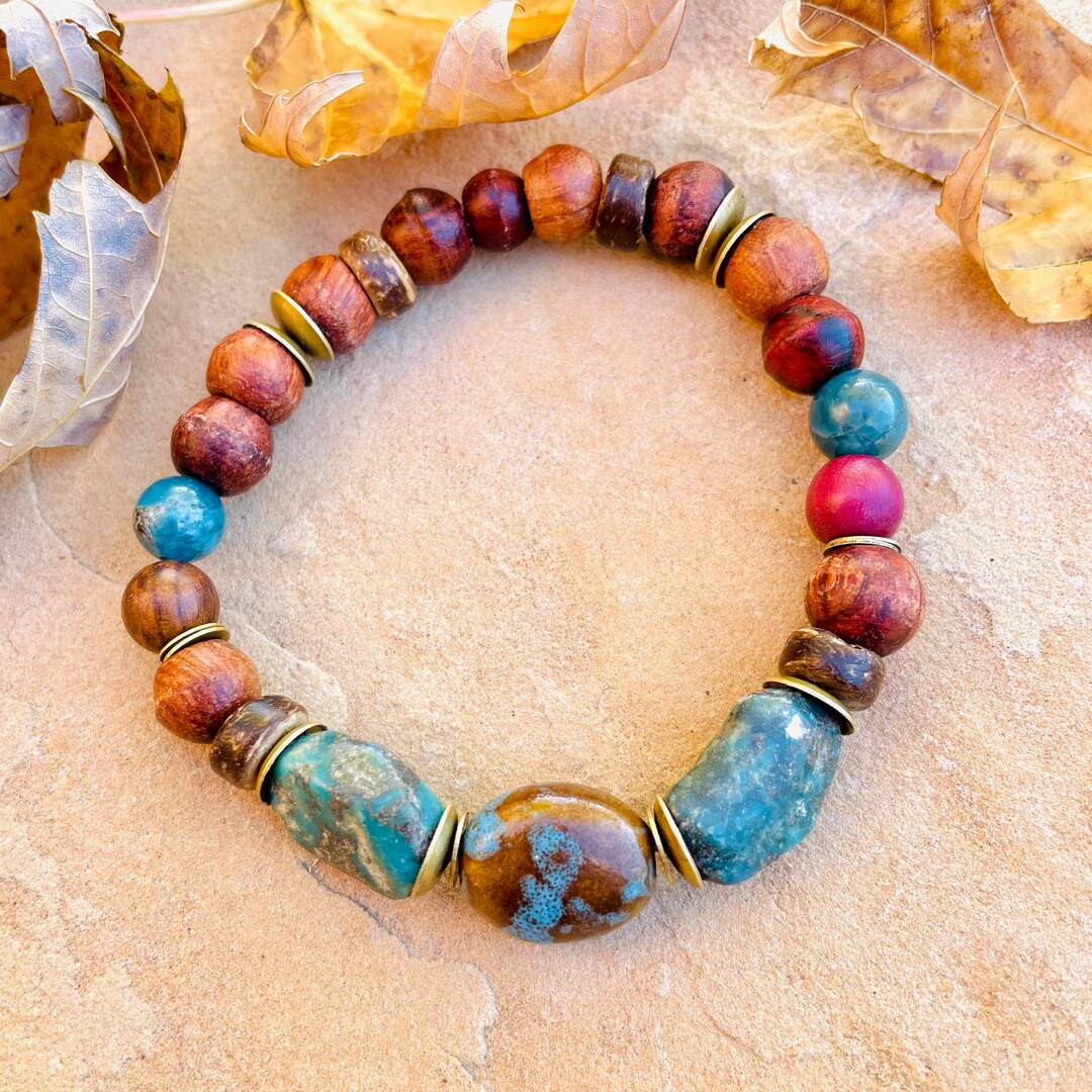 Vintage Turquoise Rosewood Beaded Bracelet: Earthy Brass Accent Stretch ...
