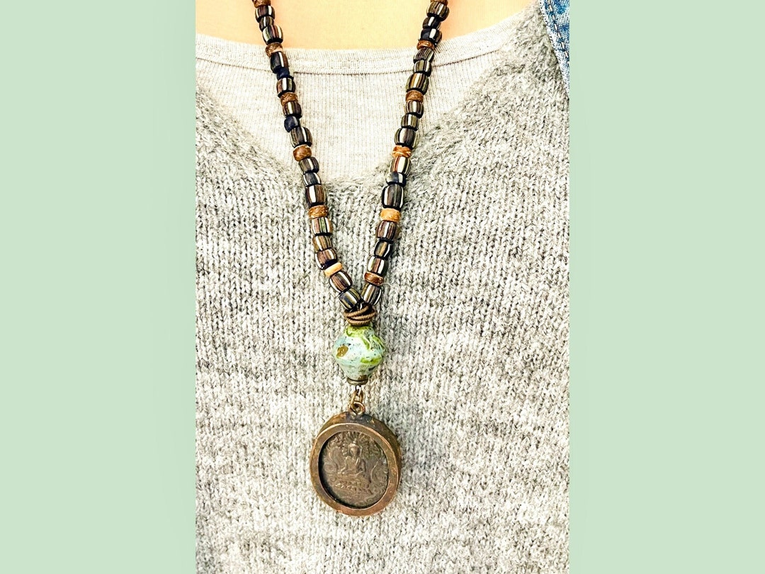 Bronze Buddha Amulet Necklace: Indonesian Glass & Coconut Beads - Etsy