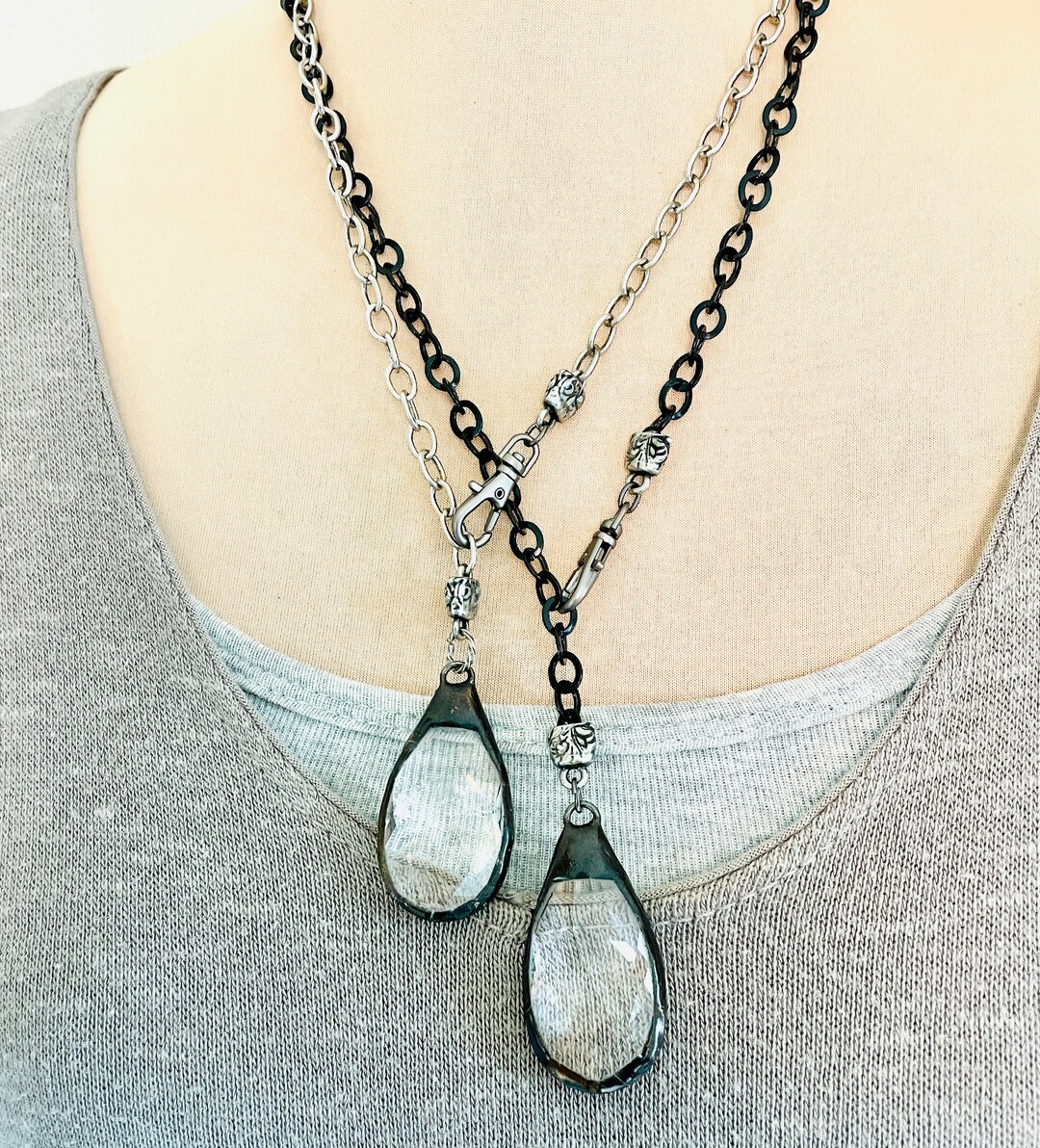 Faceted Chandelier Crystal Pendant Necklace: Black Patina Solder ...