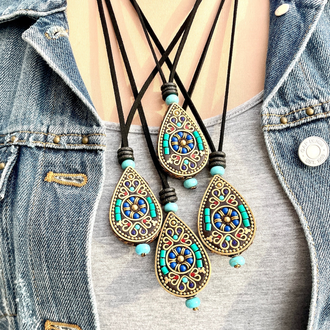 Tibetan Inlaid Turquoise Lapis Coral Pendant Necklace, Tibetan Inlaid ...