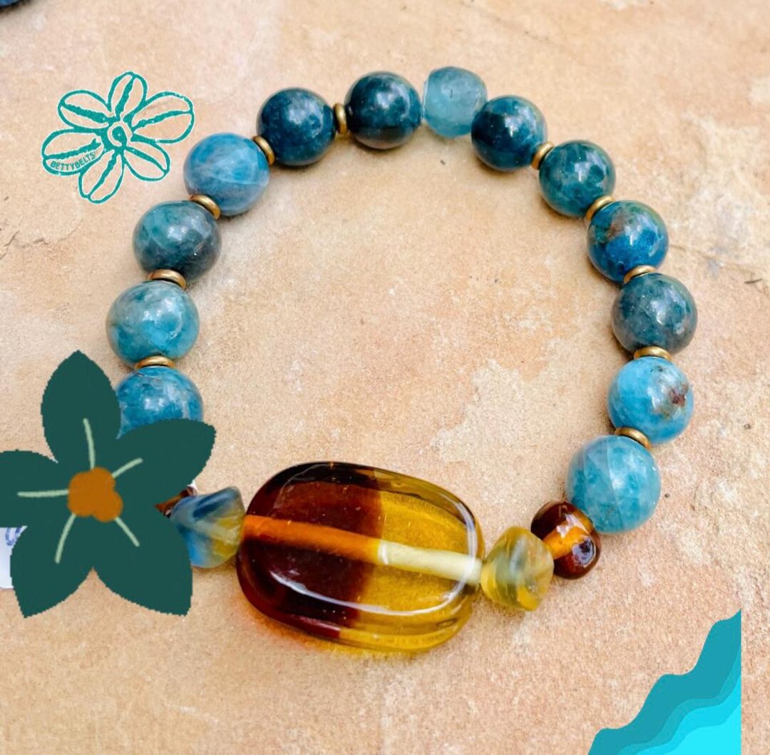 Teal Apatite Beaded Stretch Bracelet With Glass Accent - Etsy