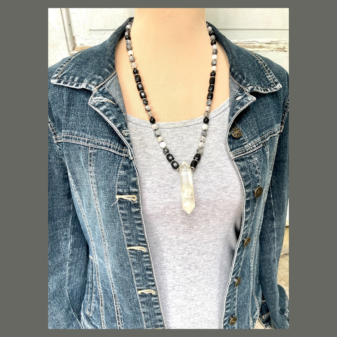 Chunky Crystal Quartz Pendant Necklace, Natural Quartz Crystal Beaded ...