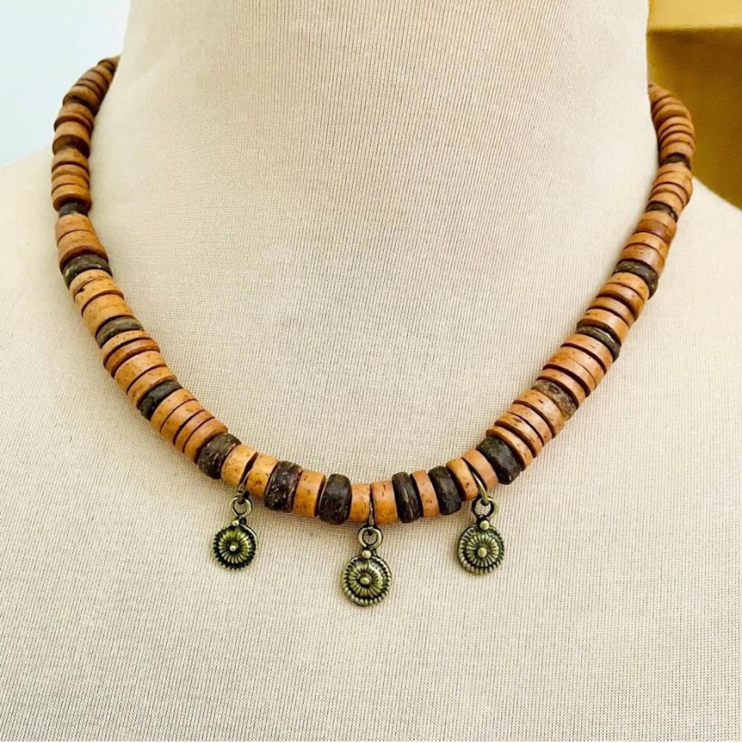 Boho Rustic Tribal Coconut and Wood Disc With Brass Charms, Earthy ...