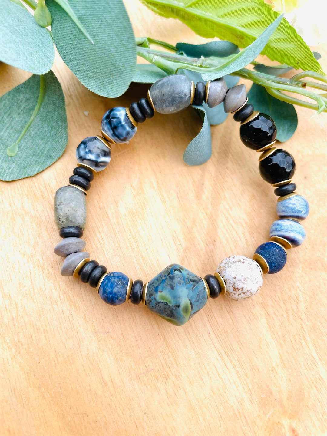 Chunky Blue Bead Bracelet: Boho Stretch Bracelet, Earthy Jewelry - Etsy