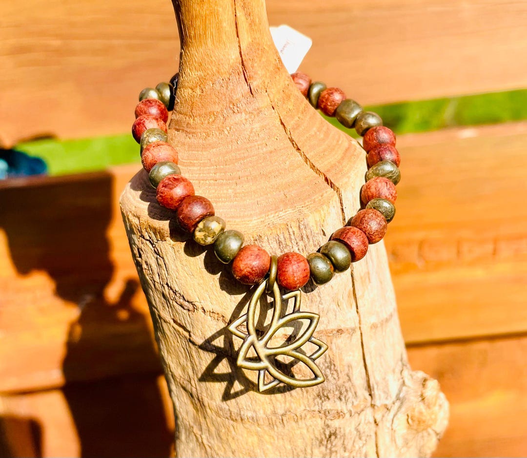 Rosewood Pyrite Stretch Bracelet: Boho Lotus Charm - Etsy