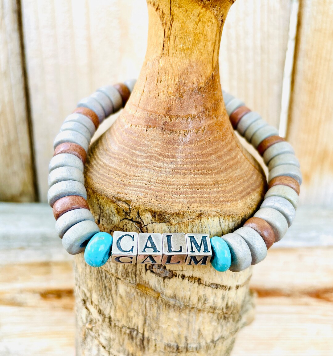 Size Large 7.75" CALM Word Bracelet: Wood, Howlite & Sterling Silver - Etsy