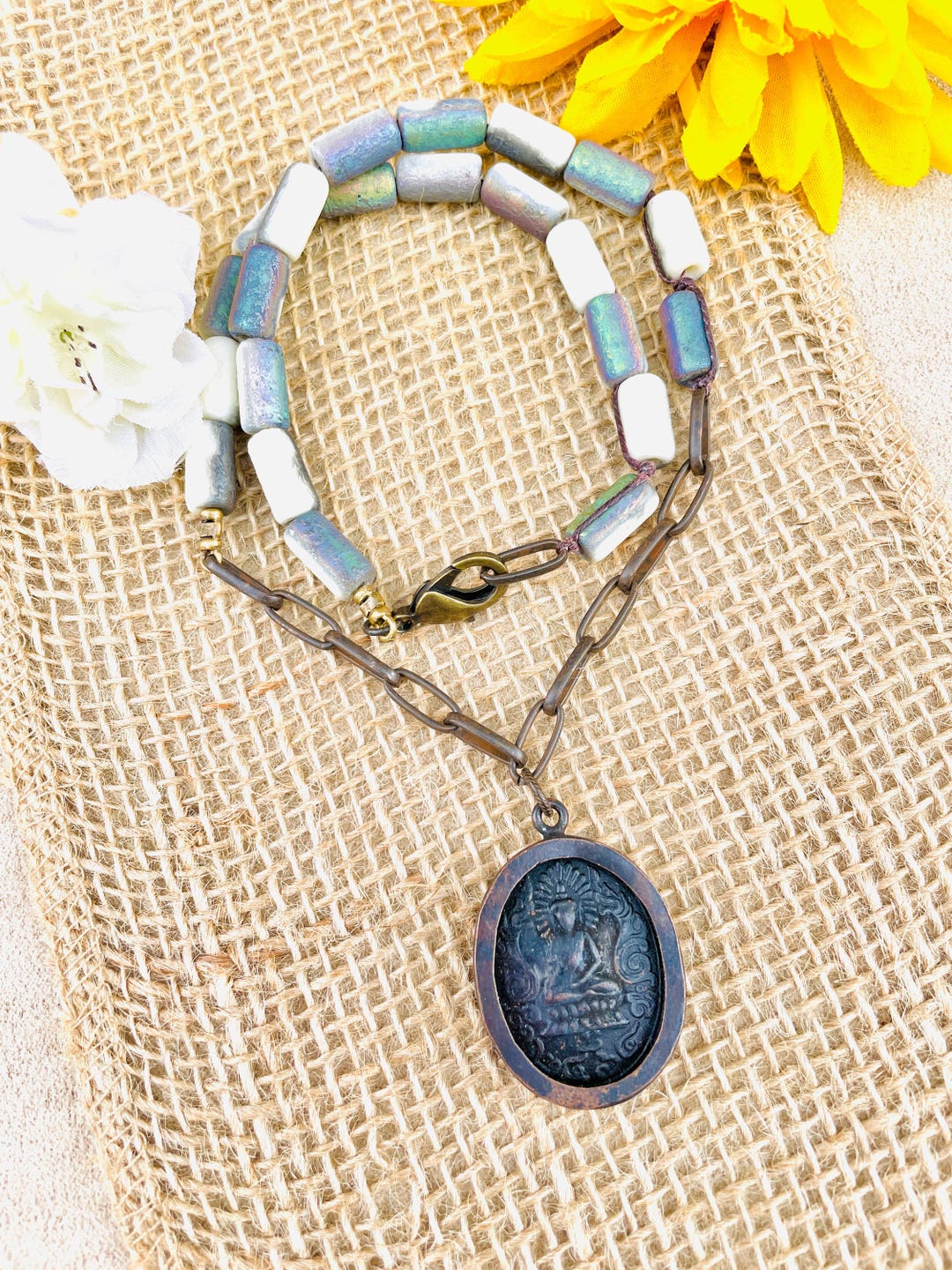 Bronze Buddha Amulet With Rusty Chain and Glass Beads, Rustic, Buddha ...