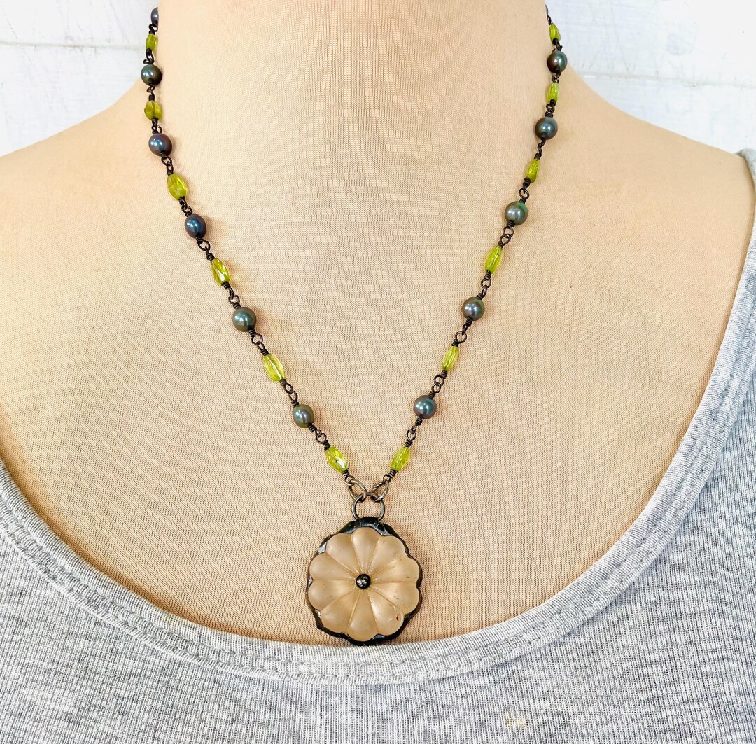 Vintage Glass Flower Pendant Hangs on Pearl and Glass Bead Chain ...