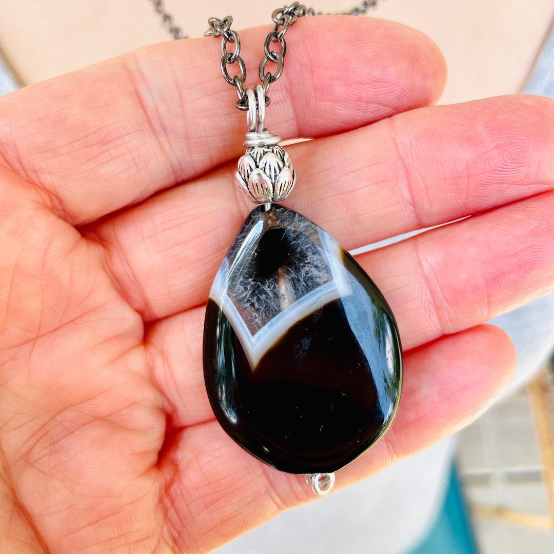 Natural Black Banded Agate Cabochon Pendant on Chunky Matte Black Chain ...
