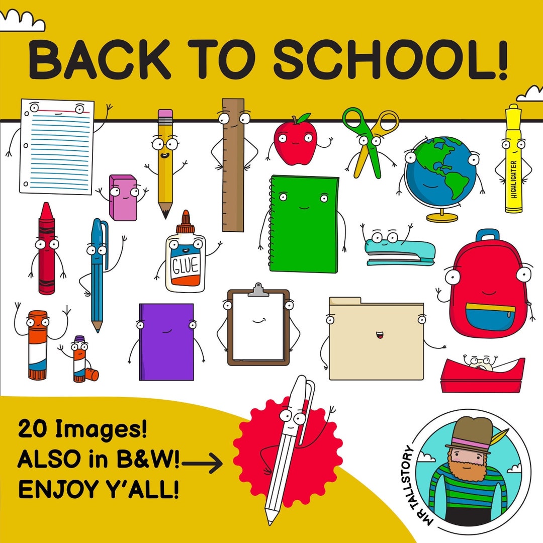 Back to School! Clipart Collection With Characterful School Supplies - Etsy